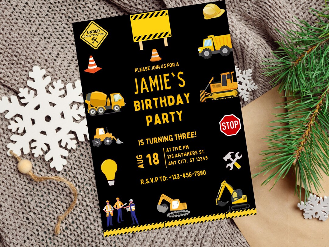 Editable Construction Vehicles Party Digital Invitation Printable ...