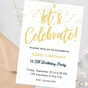 Let's Celebrate Party Invitation Printable Birthday Editable Birthday Party Invite Gold Glittery ...