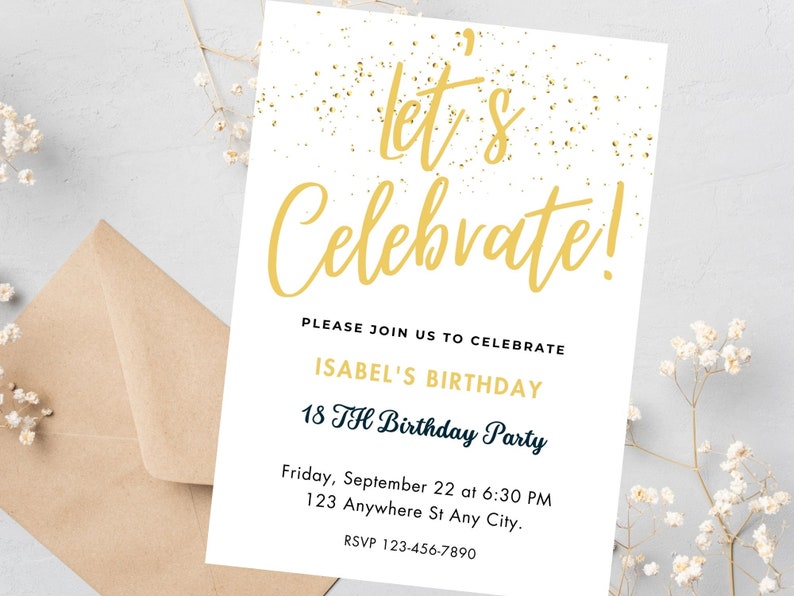 Let's Celebrate Party Invitation Printable Birthday Editable Birthday Party Invite Gold Glittery ...