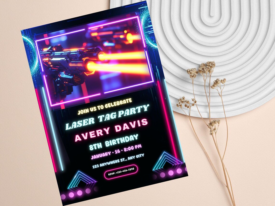 EDITABLE Laser Tag Birthday Invitation Template, Game Invite, Neon Glow ...