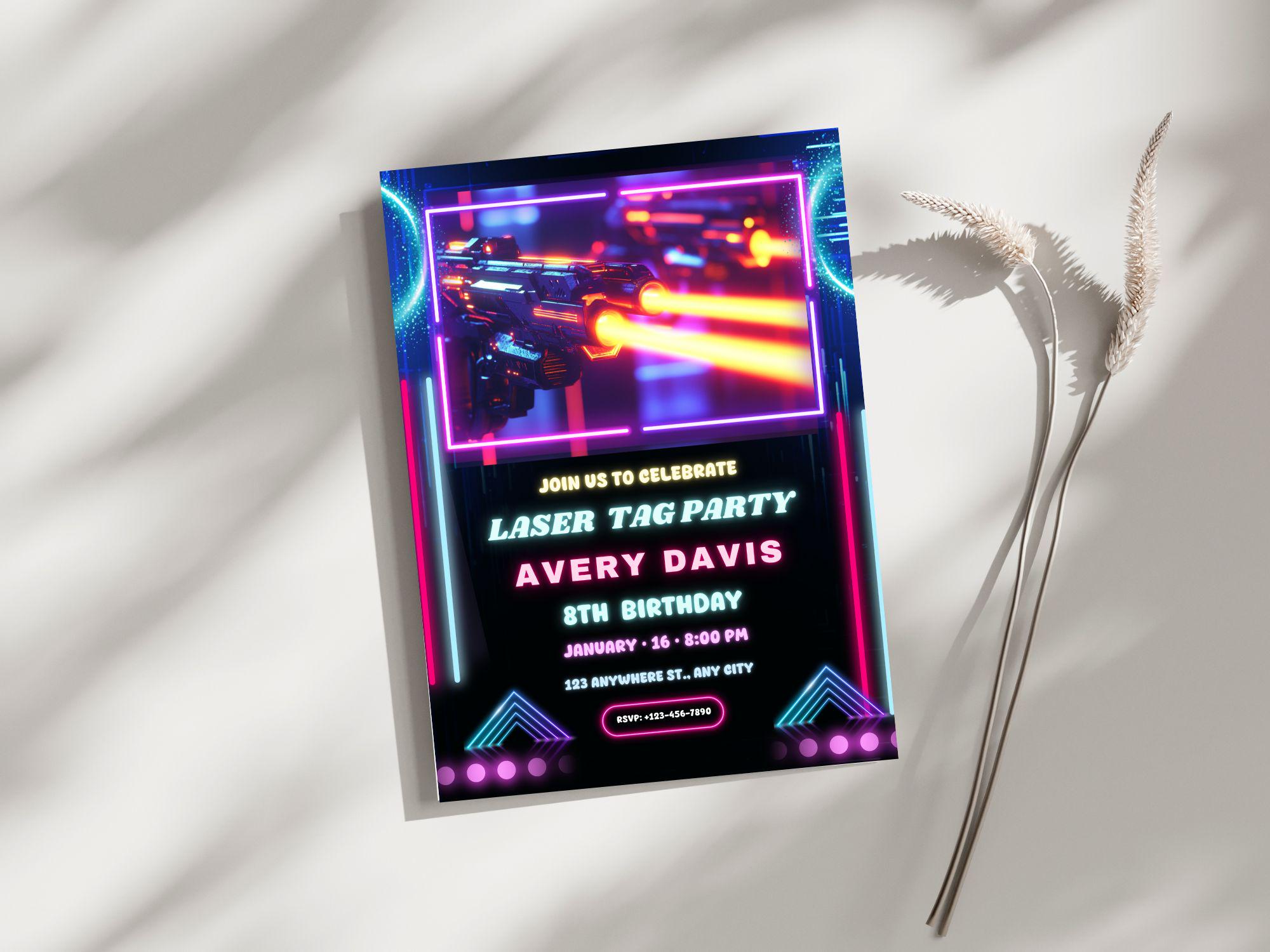 EDITABLE Laser Tag Birthday Invitation Template, Game Invite, Neon Glow ...
