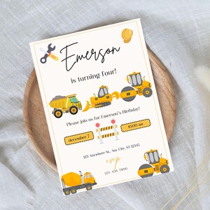 Editable Construction Vehicles Party Digital Invitation Printable ...