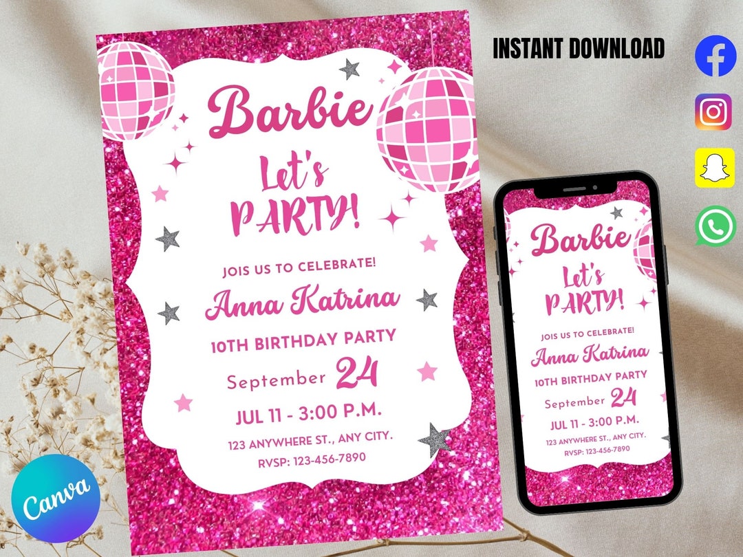 Pink Sparkle Birthday Invitation Pink Doll Party Invitation Sparkle ...