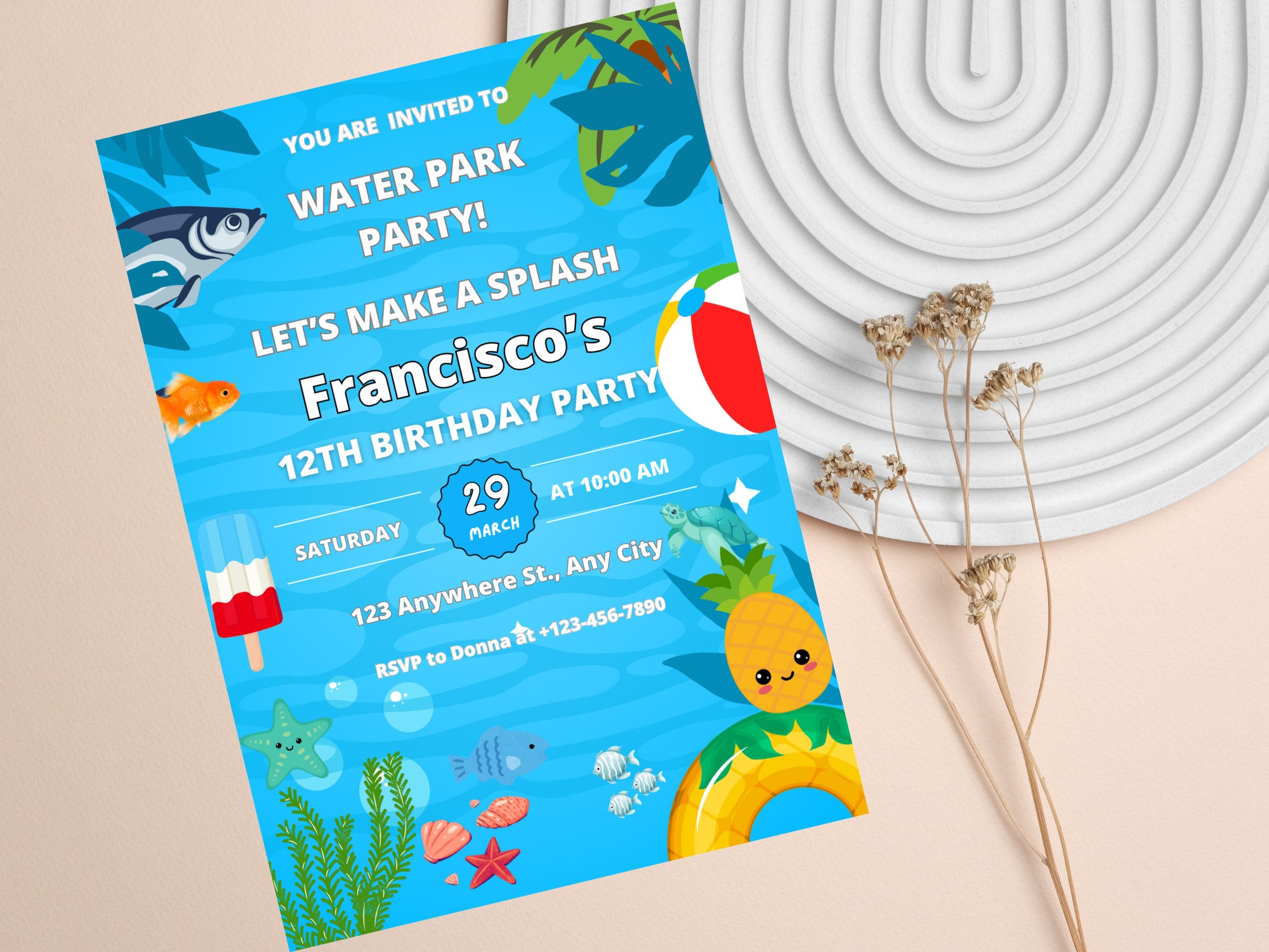 Editable Water Park Birthday Party Invitation, Shark and Pineapple ...