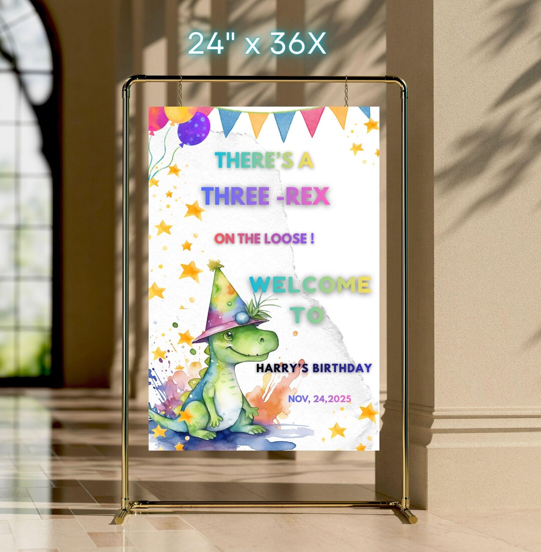 Dinosaur Birthday Welcome Sign | Editable Three Rex Party Sign | Boys ...