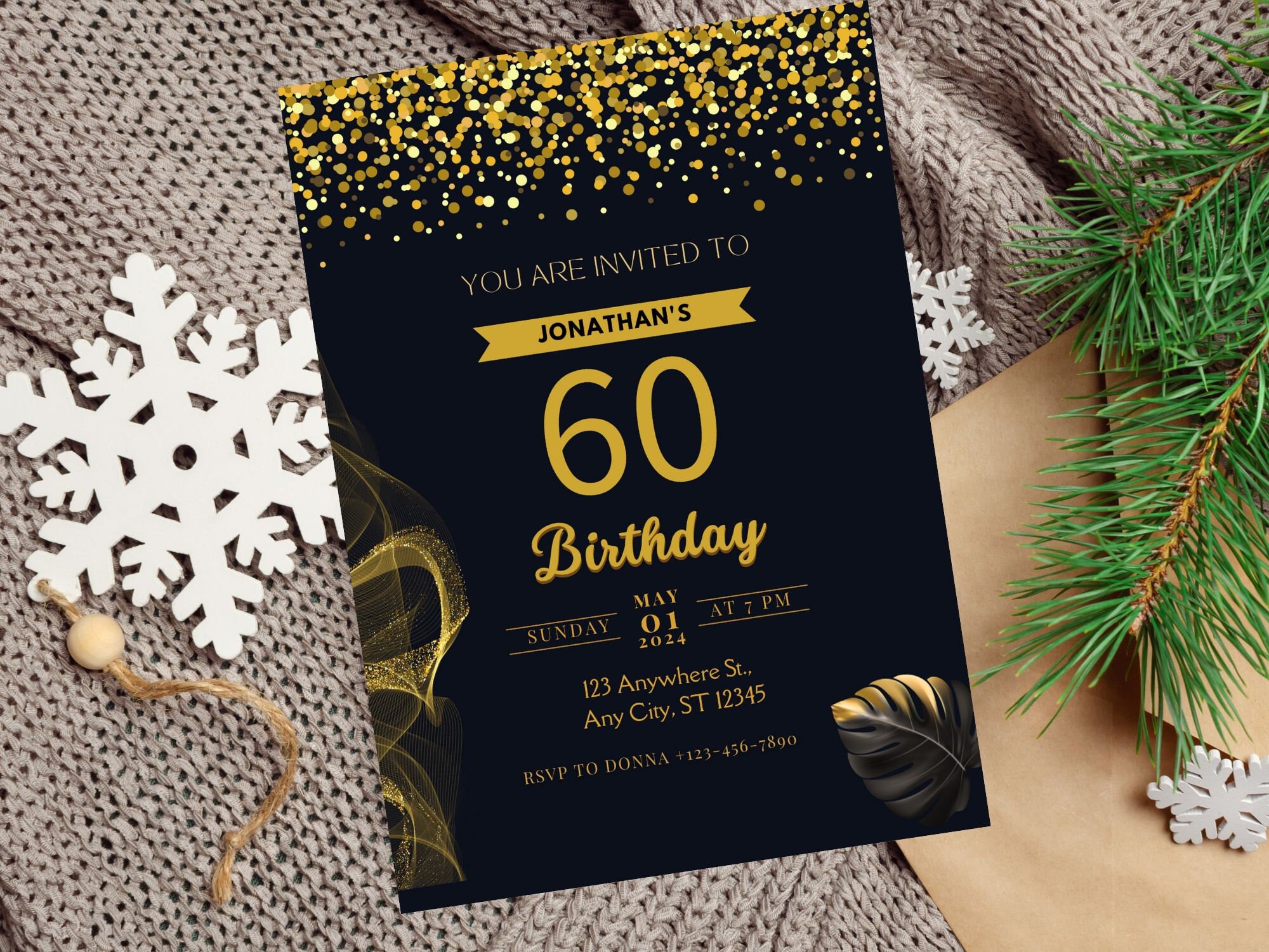 Editable 60th Invitation 60th Birthday Invitation Template, Gold 60th ...