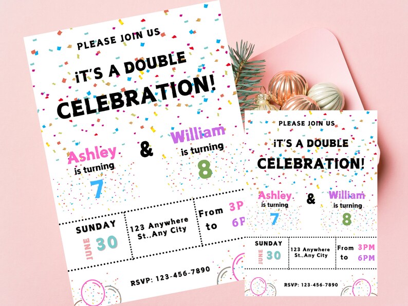 Editable Joint Birthday Party Invitation Template, Sibling Birthday ...