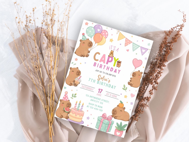 Editable Capybara Birthday Invitation, Cute Capybara Party, Kawaii ...
