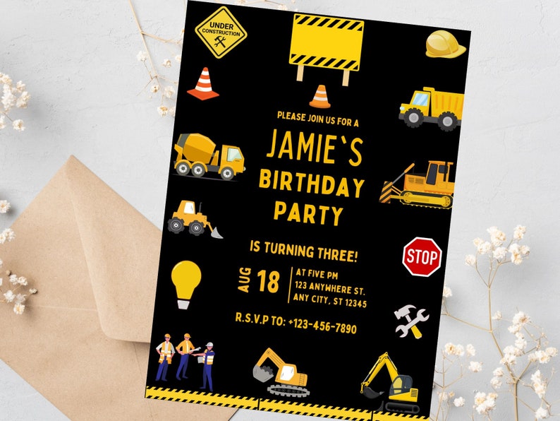 Editable Construction Vehicles Party Digital Invitation Printable ...