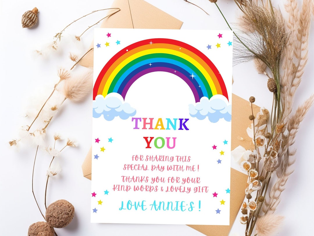 Editable Rainbow Birthday Thank You Card, Colorful Rainbow Thank You ...