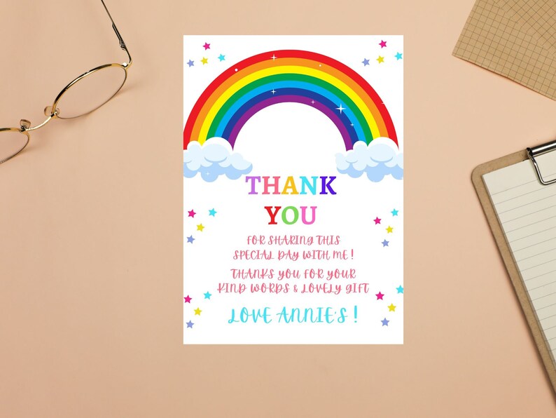 Editable Rainbow Birthday Thank You Card, Colorful Rainbow Thank You ...