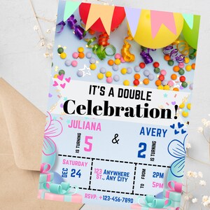Editable Double Birthday Celebration, Colorful Birthday Balloons ...