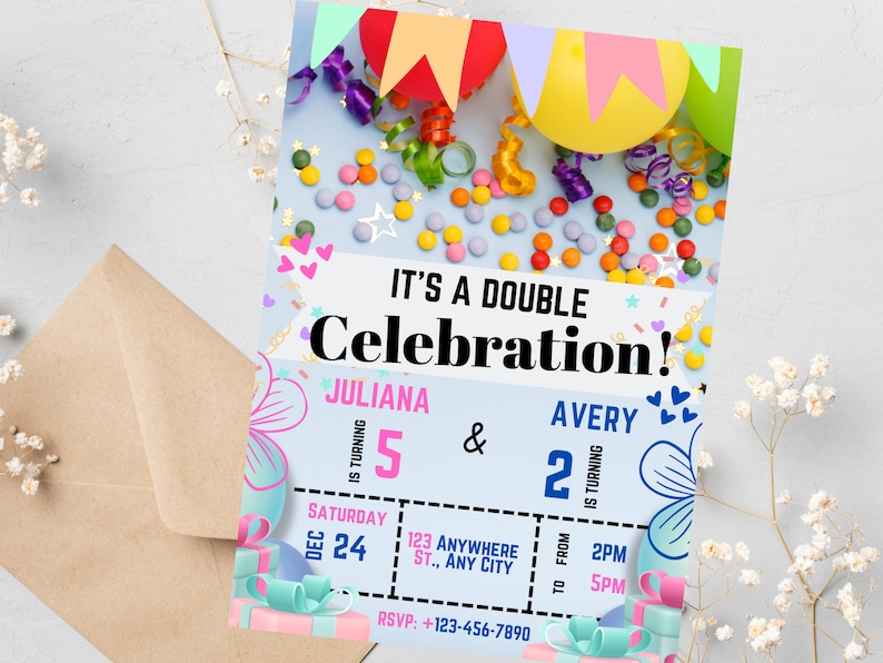 Editable Double Birthday Celebration, Colorful Birthday Balloons ...