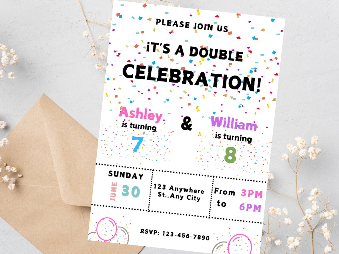 Editable Joint Birthday Party Invitation Template, Sibling Birthday ...