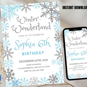 Snowflakes Birthday Invitation Girl Editable Template, Winter ...