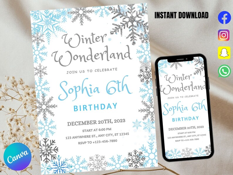 Snowflakes Birthday Invitation Girl Editable Template, Winter ...