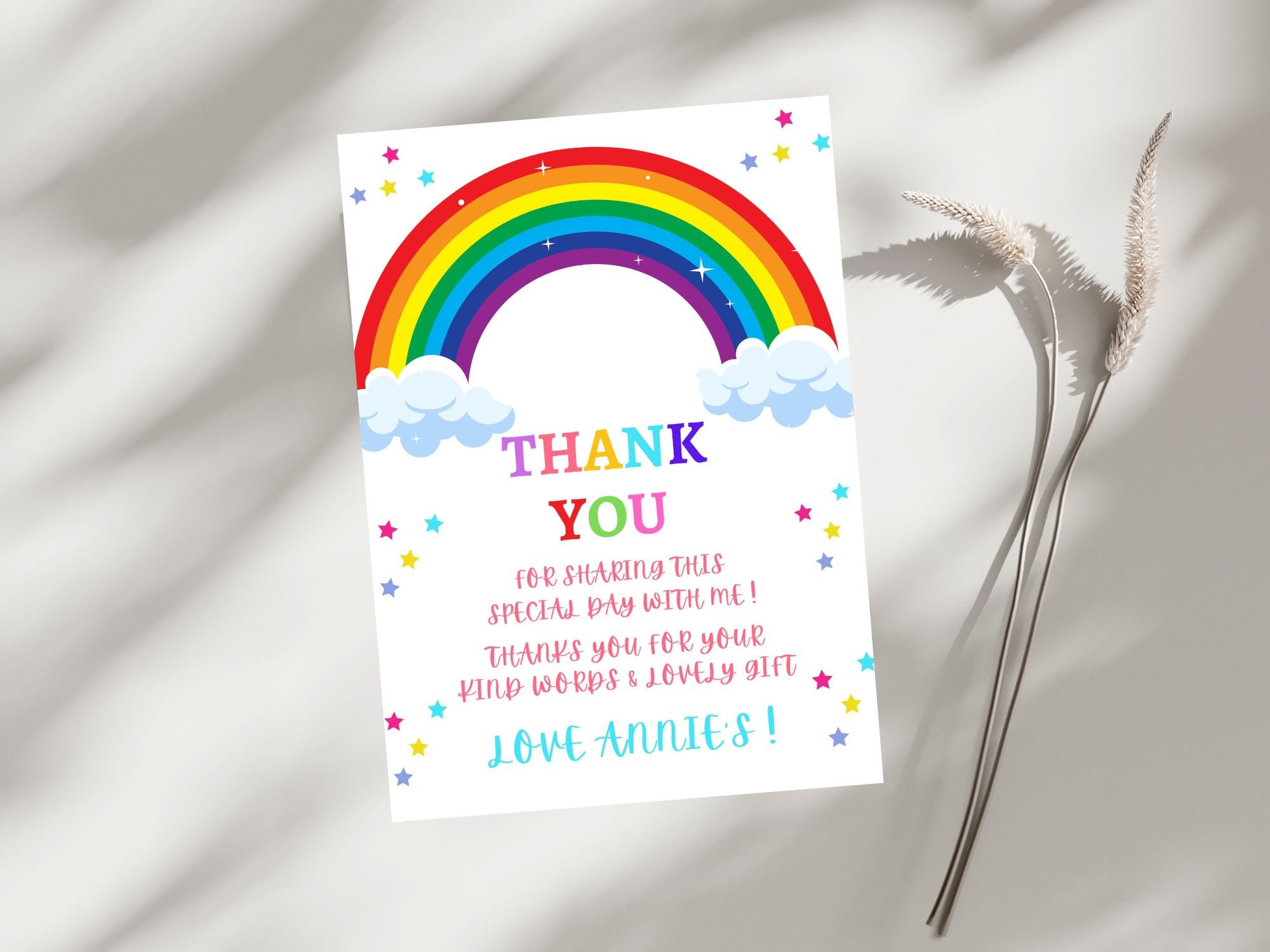 Editable Rainbow Birthday Thank You Card, Colorful Rainbow Thank You ...