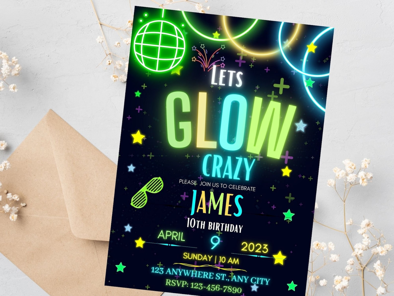 Editable Glow Party Birthday Invitation, Glow Gender Neutral Invites ...