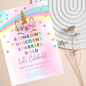 Editable Unicorn Rainbow Birthday Invitation Template, Rainbow Unicorn ...