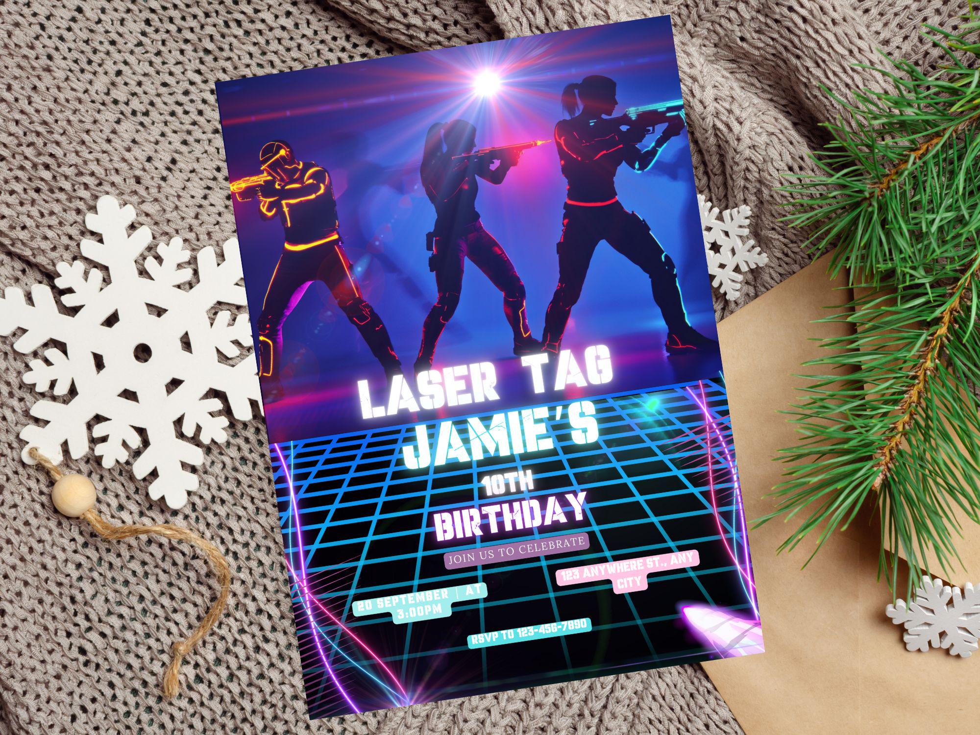 Editable Laser Tag Birthday Invitation, Laser Game Party Invite, Neon ...