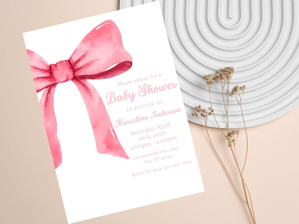 EDITABLE Pink Bow Invitation for Baby Shower Baby Shower or Sprinkle ...