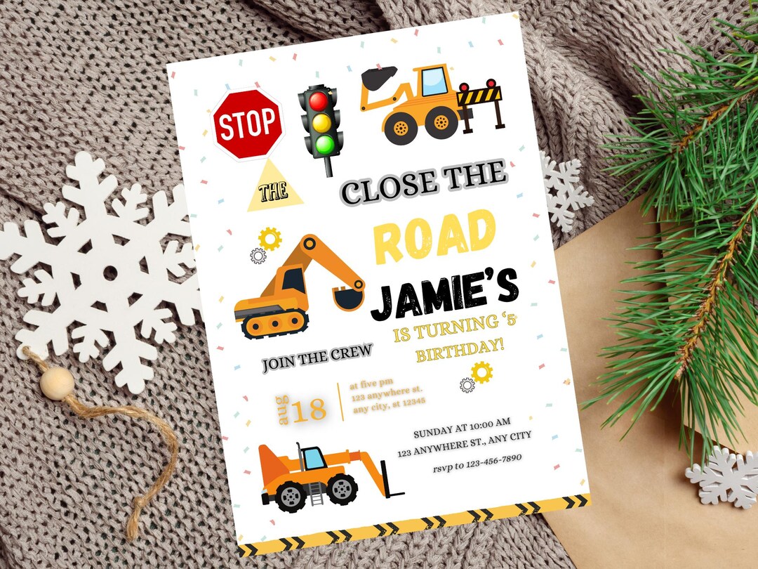 Editable Construction Vehicles Party Digital Invitation Printable ...