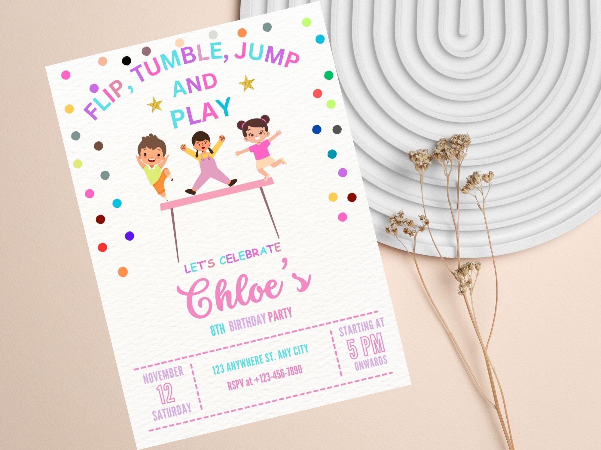 Gymnastics Birthday Invitation, Gymnastics Birthday Party Invite, Jump ...