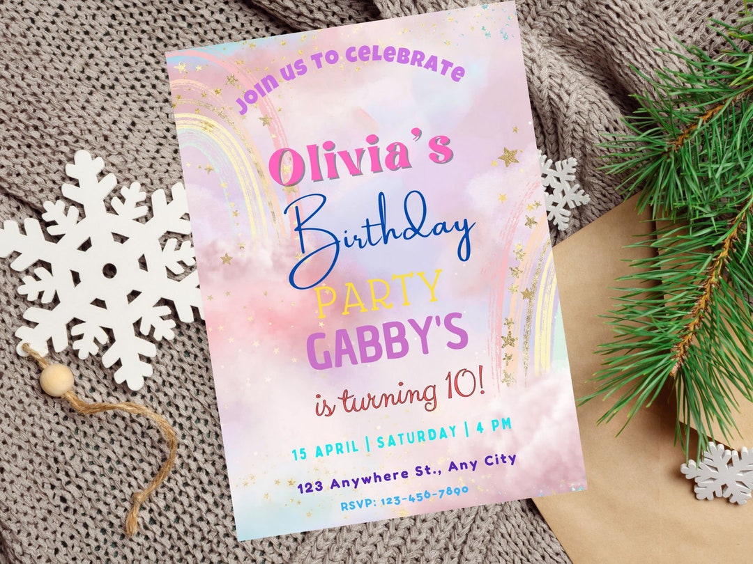 Rainbow Birthday Invitation Colorful Watercolor Gold Glitter Sprinkles ...