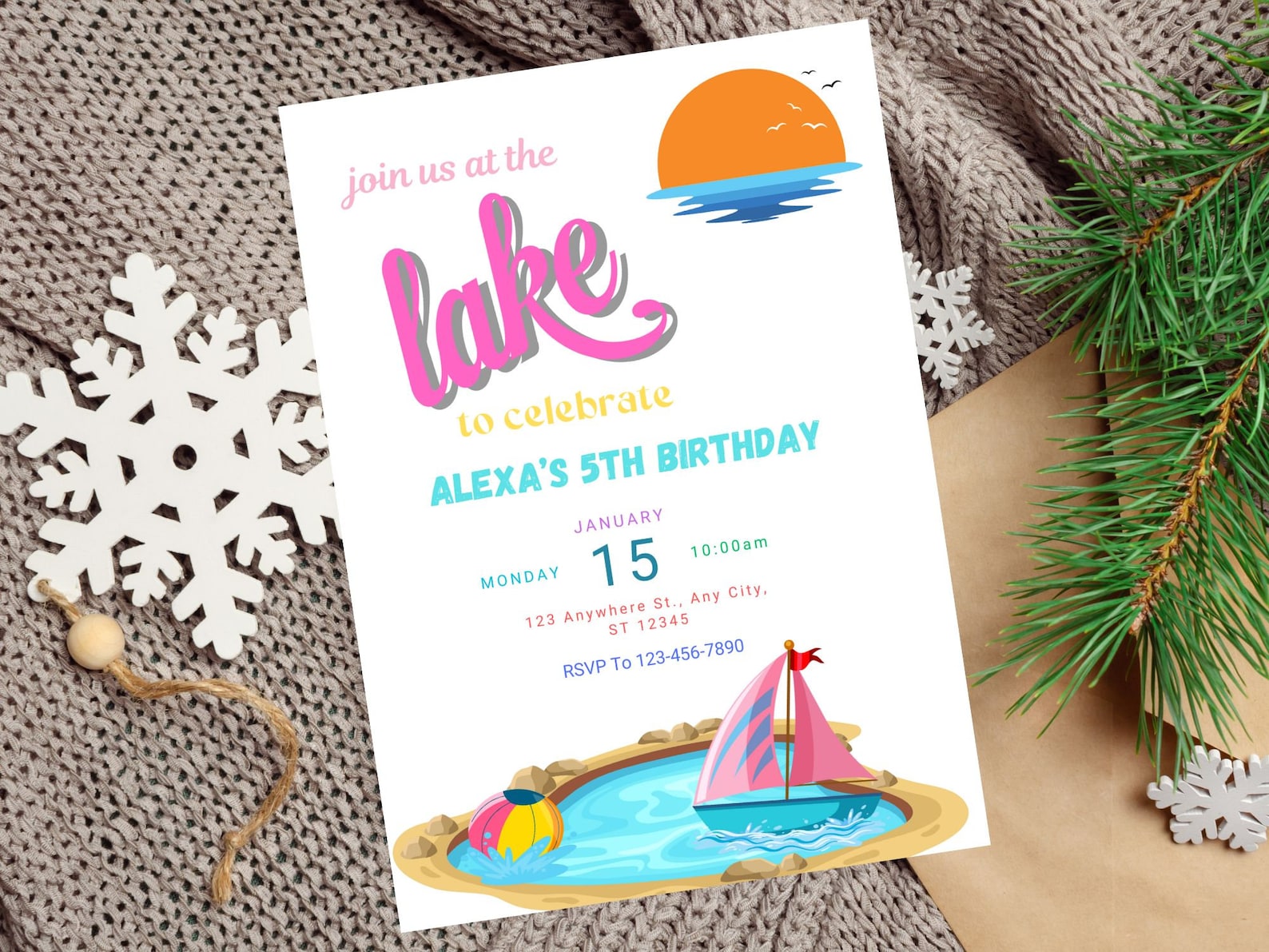Lake Birthday Editable Invitation, Lake Theme Birthday Invite, Summer ...