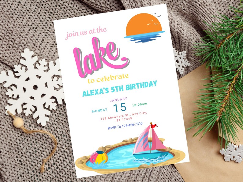 Lake Birthday Editable Invitation, Lake Theme Birthday Invite, Summer ...