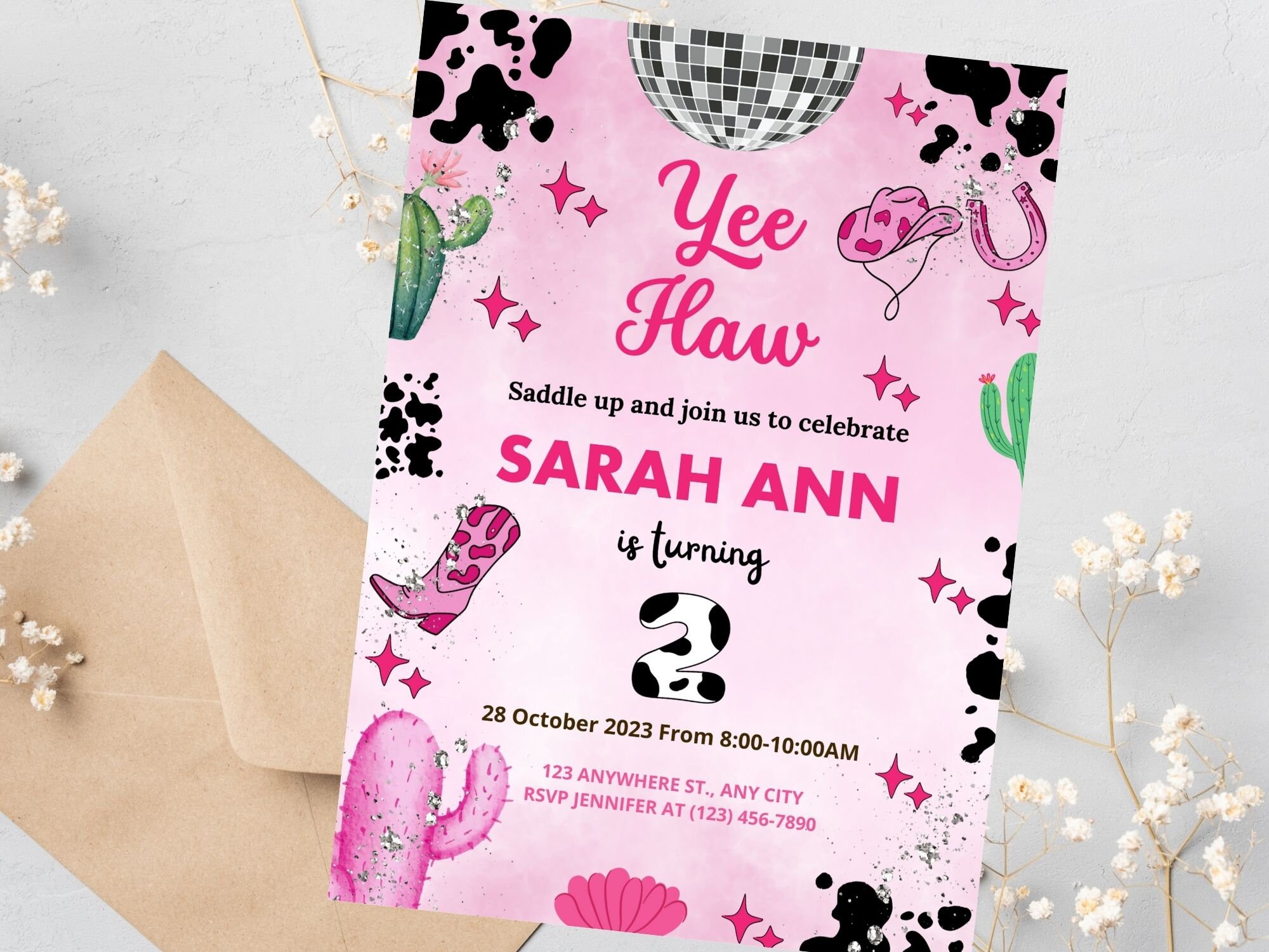 Editable Space Cowgirl Birthday Invitation Pink Disco Cowgirl Instant ...