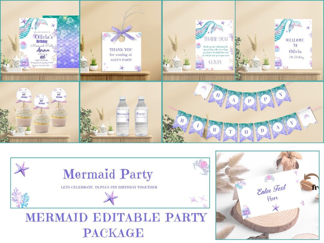 Editable Mermaid Birthday Theme Bundle, Mermaid Party Decorations ...