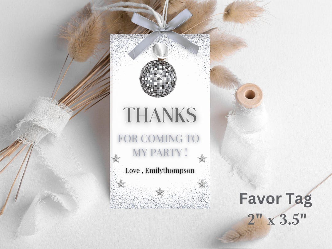 Editable Disco Party Thank You Tag | Silver Black Sparkle Favor Tag ...