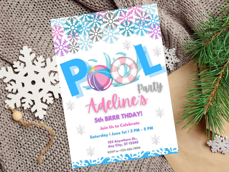 Winter Pool Party Invitation, Winter Party Invite, Editable Pool ...