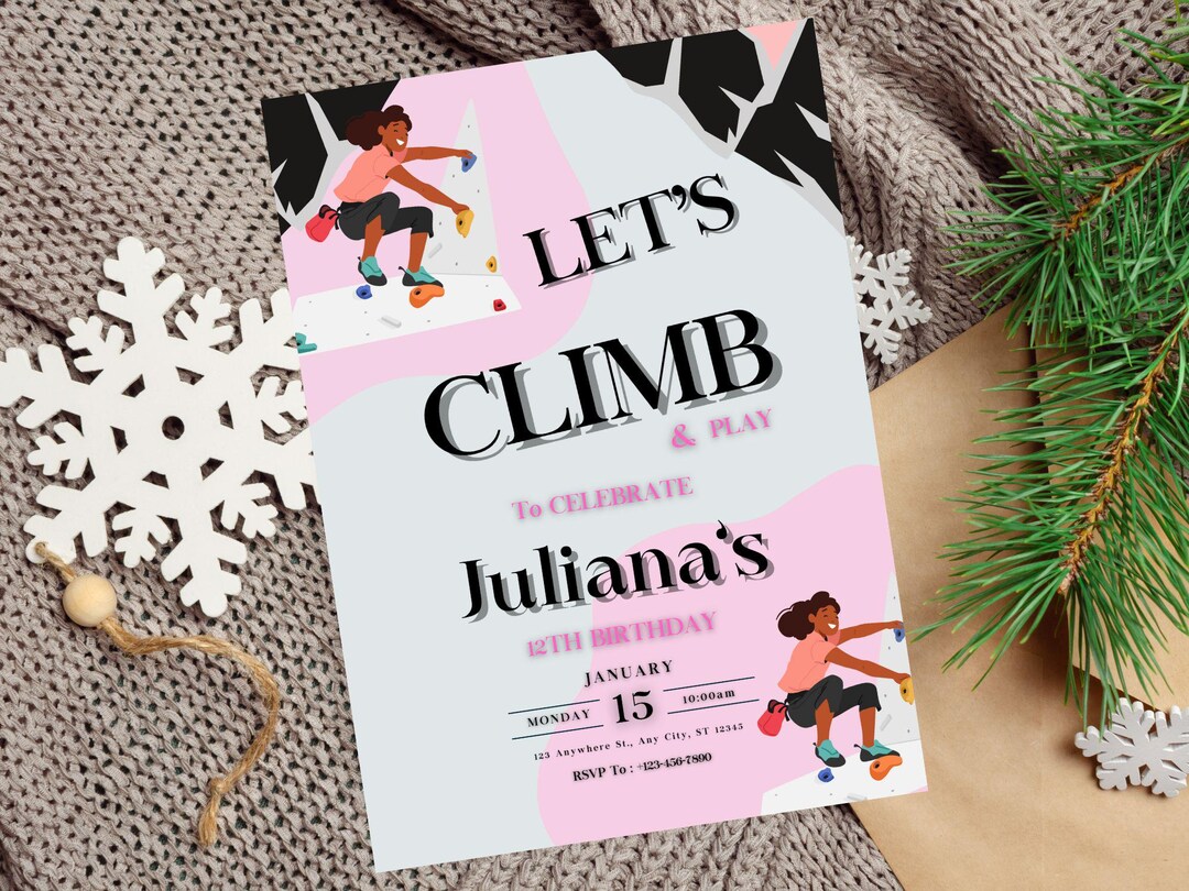 Editable Girl Rock Climbing Birthday Invitation Template, Let's Climb ...
