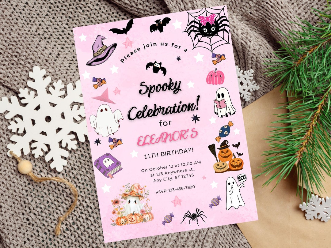 Editable Spooky Halloween Birthday Invitation, Spooky Invitation Pink ...