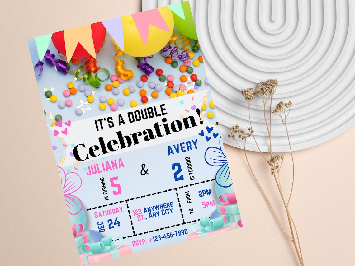 Editable Double Birthday Celebration, Colorful Birthday Balloons ...