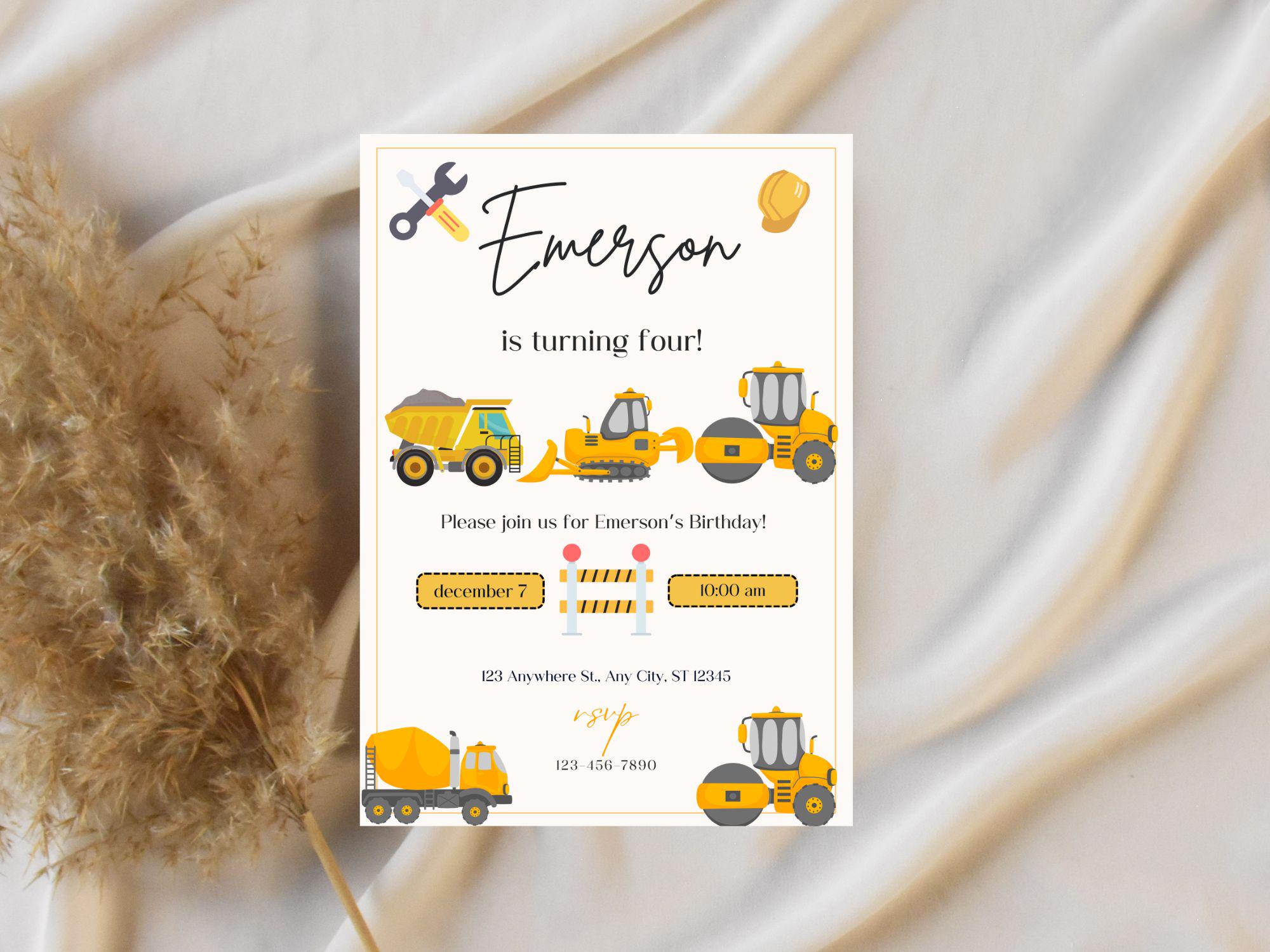 Editable Construction Vehicles Party Digital Invitation Printable ...