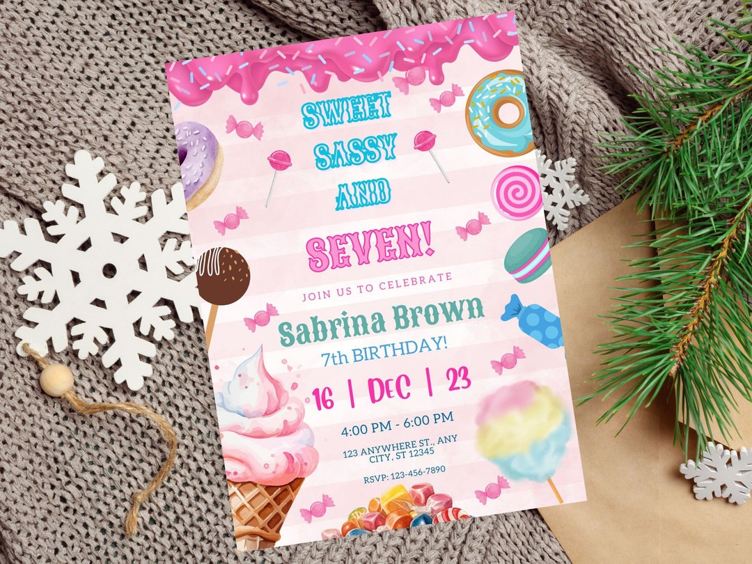 Editable Sweet Sassy Seven Girl Birthday Invitation, Pink Seven Year ...