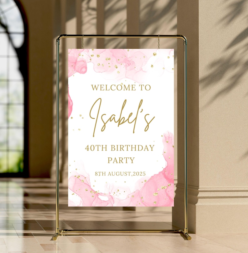 Pink and Gold Birthday Welcome Sign | Editable Birthday Sign Template ...