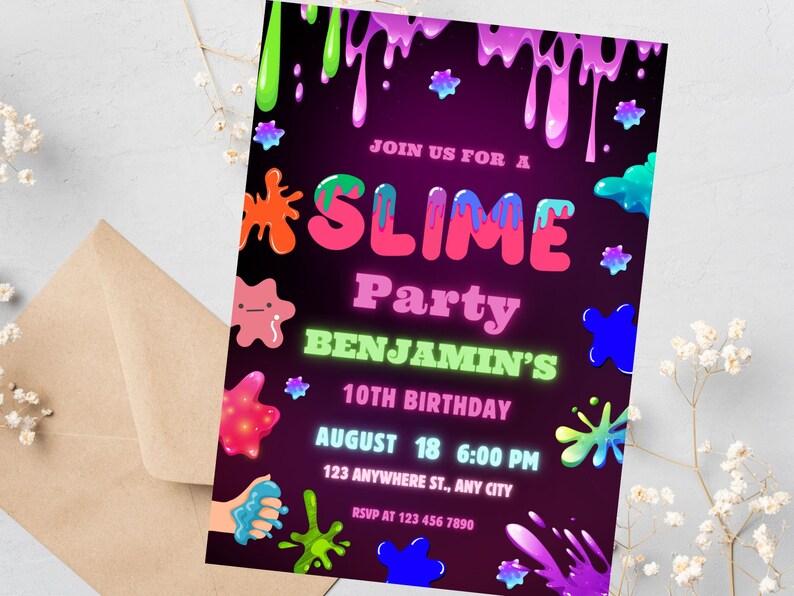 Editable Slime Birthday Invitation, Slime Evite, Time for Slime, Neon ...