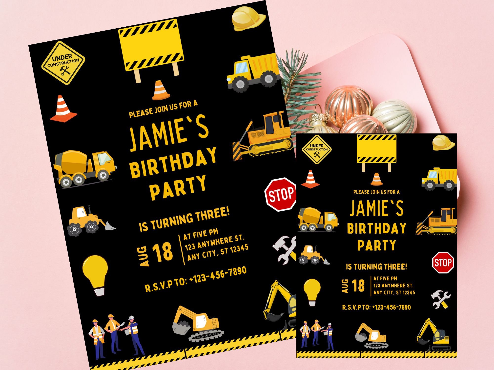 Editable Construction Vehicles Party Digital Invitation Printable ...