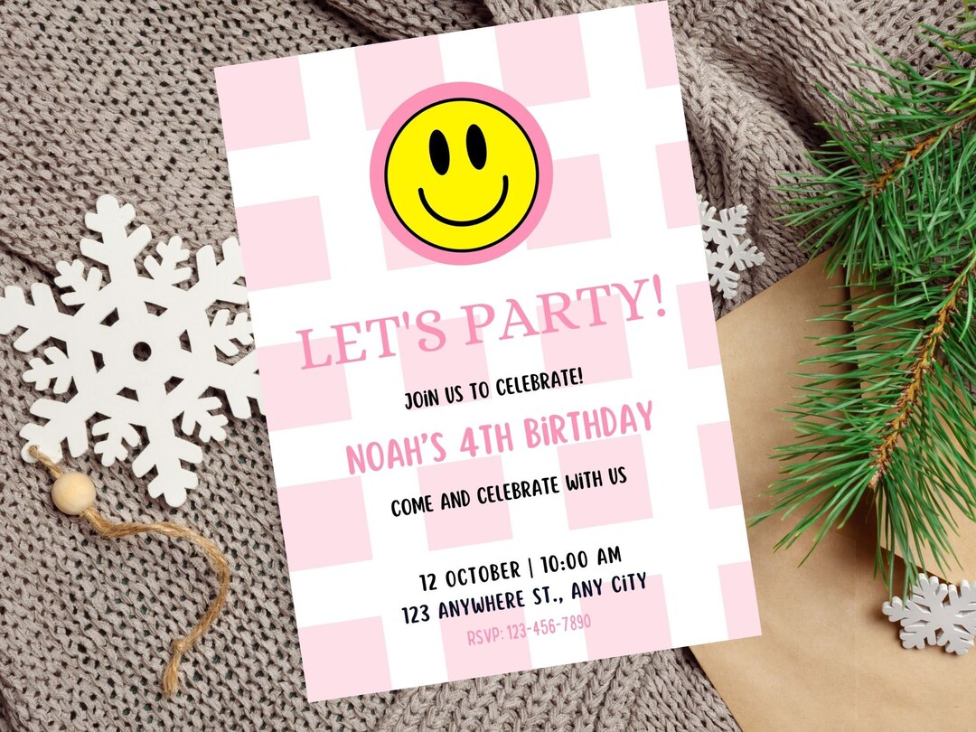 Birthday Invitation for Girl Preppy Smiley Face Editable Template Girl ...
