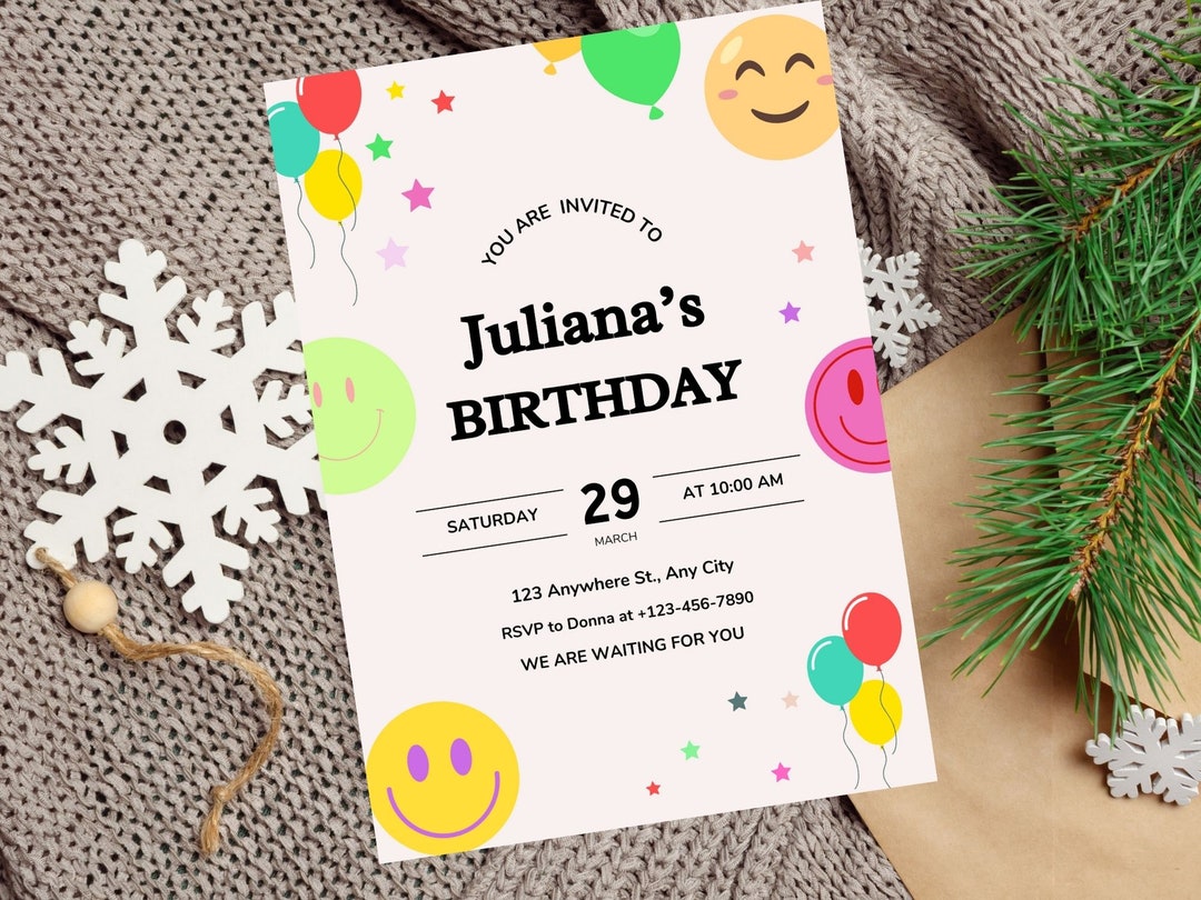 Smiley Faces Editable Printable Invitation Birthday Party Template for ...