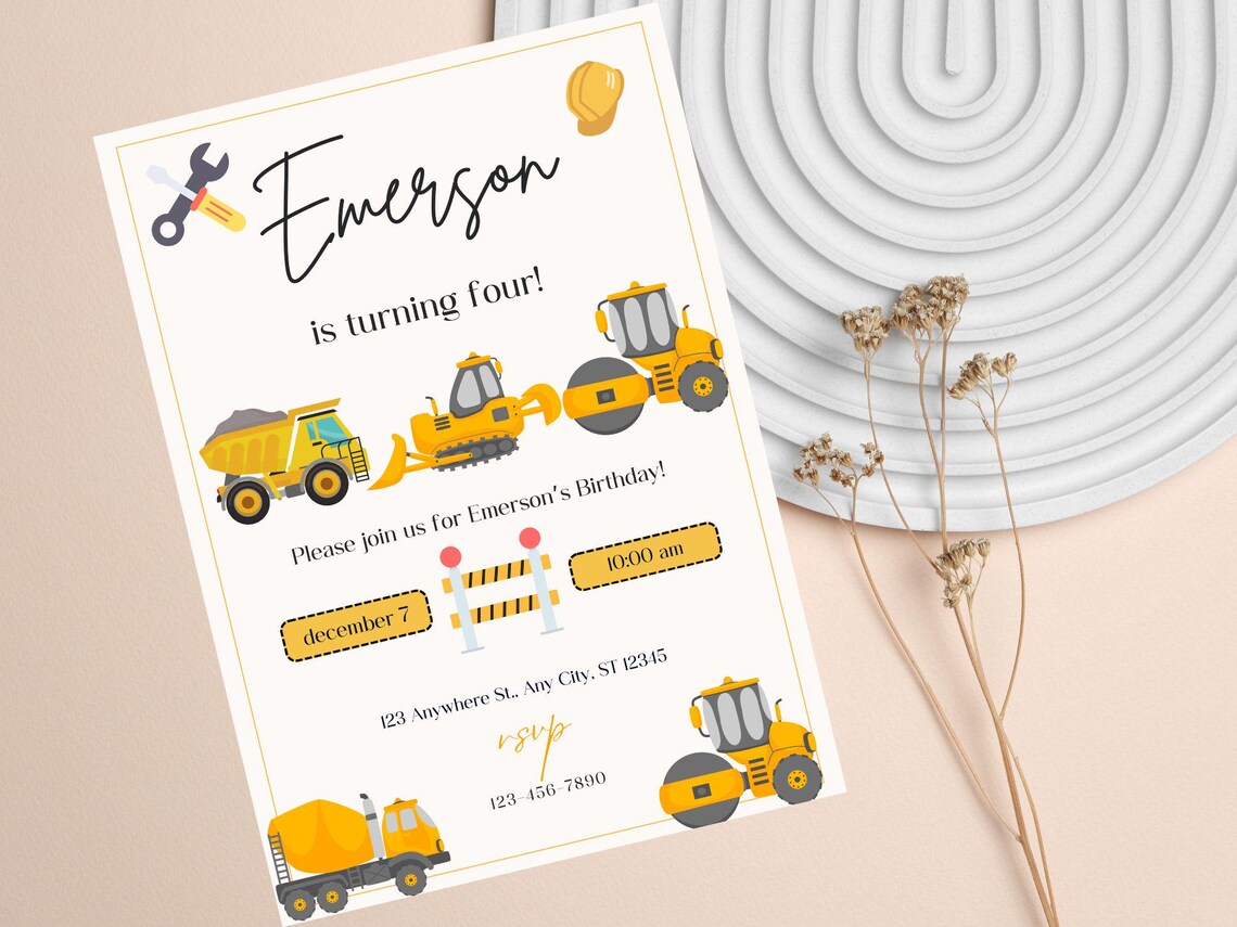 Editable Construction Vehicles Party Digital Invitation Printable ...