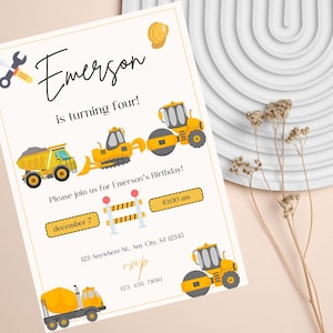 Editable Construction Vehicles Party Digital Invitation Printable ...