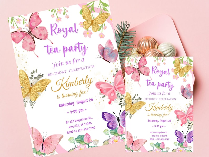 Butterfly Royal Tea Party Invitation, Birthday Digital Invite, Blush ...