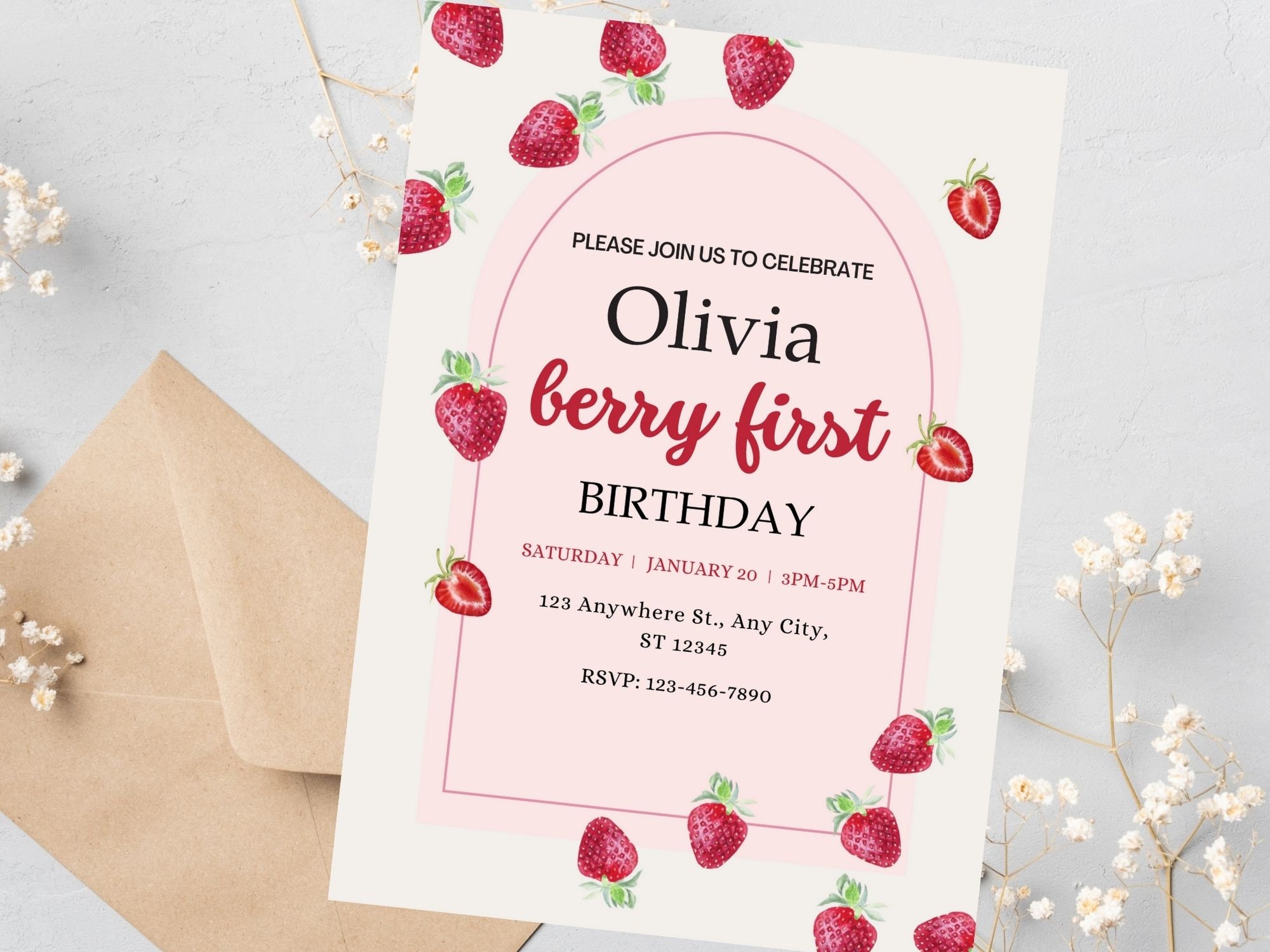 EDITABLE Berry First Birthday Invitation Strawberry Digital Invitation ...