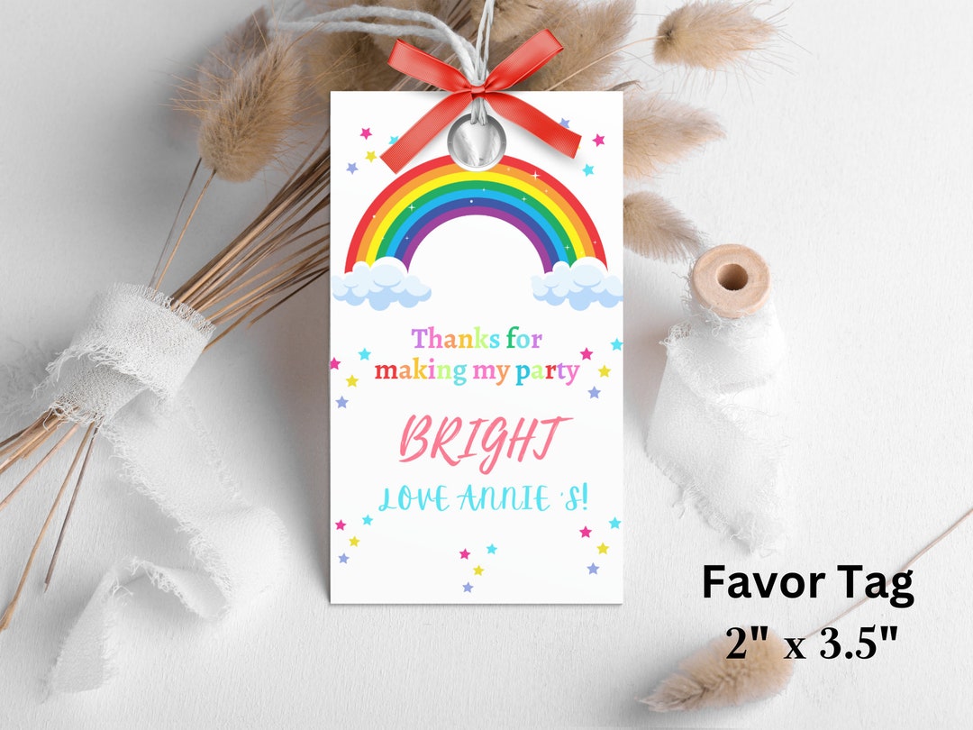 Editable Rainbow Birthday Favor Tag 2"x3.5", Thank You Tag Printable ...
