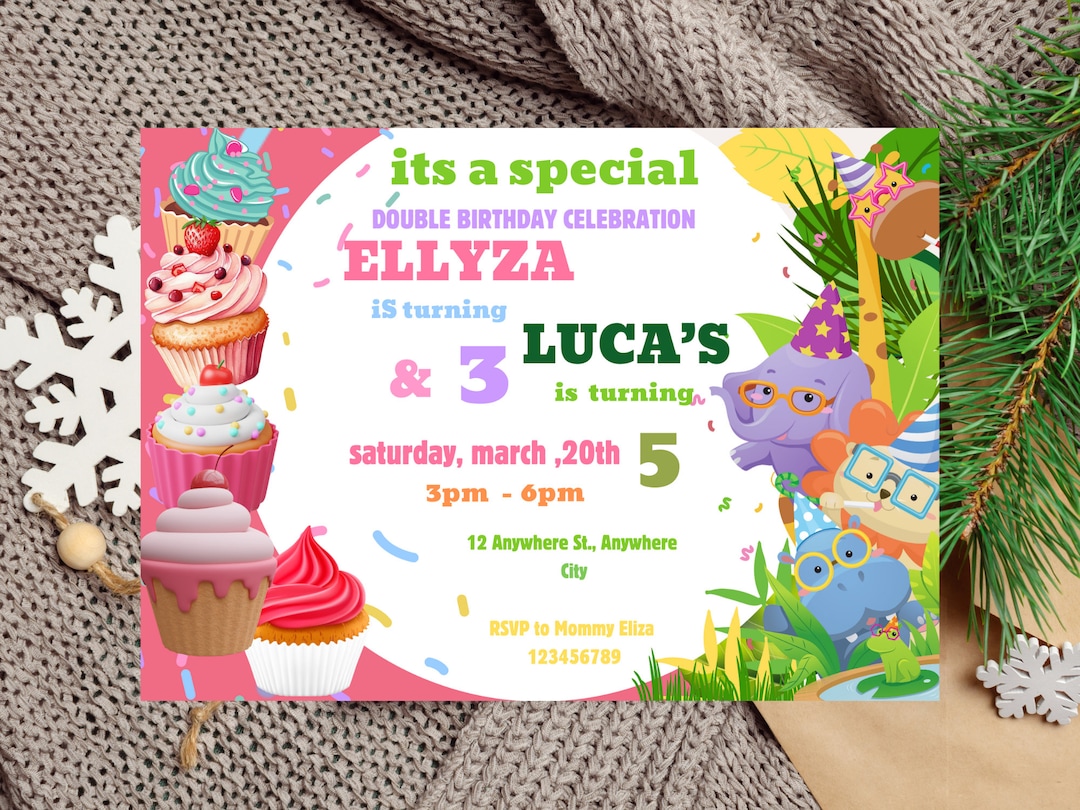 Editable Dual Invitation, Double Invitation Template, Sibling Twins ...